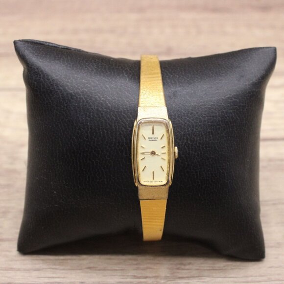 Seiko | Accessories | Vintage Seiko Watch Womens Gold Tone Stainless Steel Rectangle Beige Dial ...